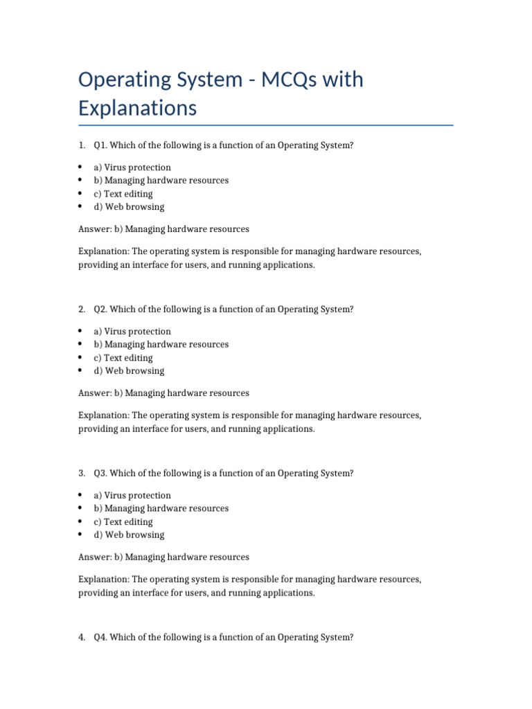 Operating System MCQ 200 | PDF | Operating System | User Interface