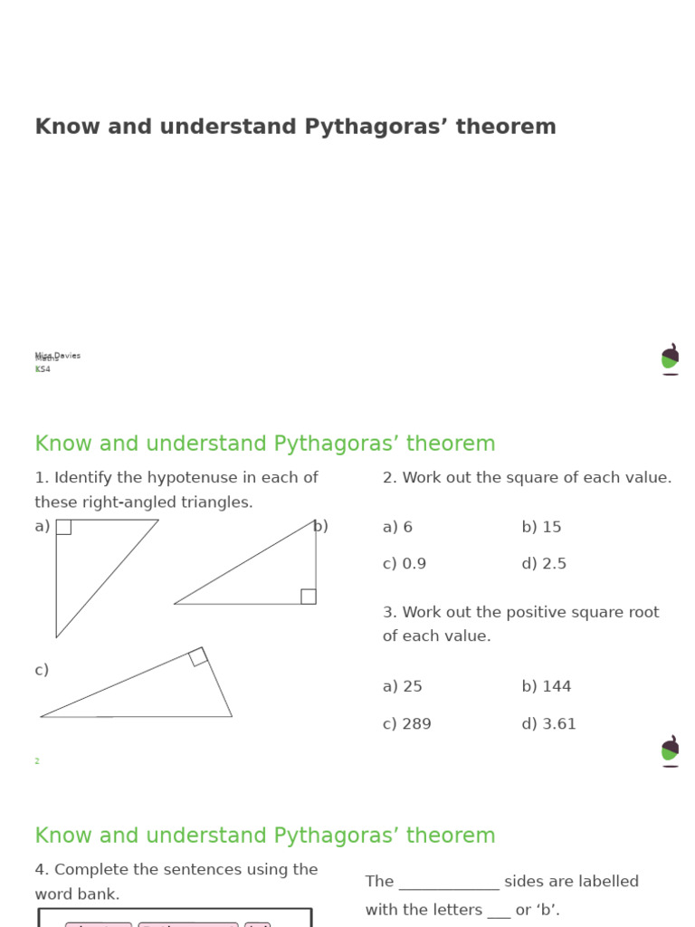 Know and Understand Pythagoras Theorem 70vp4t Worksheet Pptx | PDF | Euclidean Geometry ...