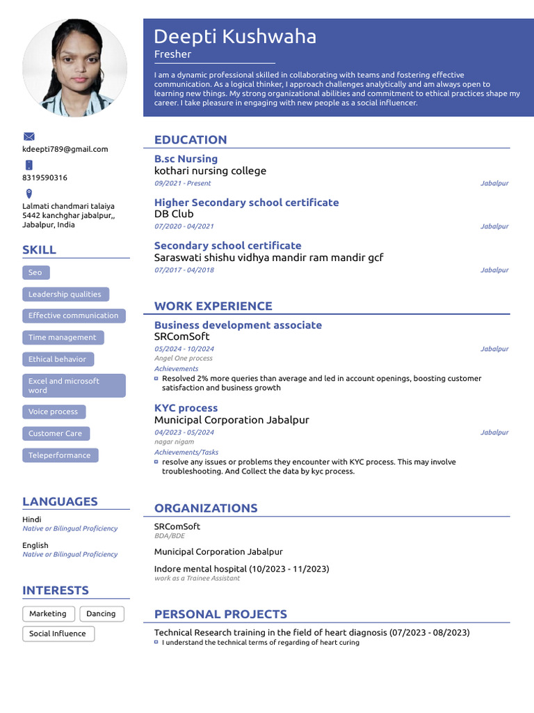 Deepti Kushwaha Resume Apna | PDF | Behavioural Sciences | Cognition