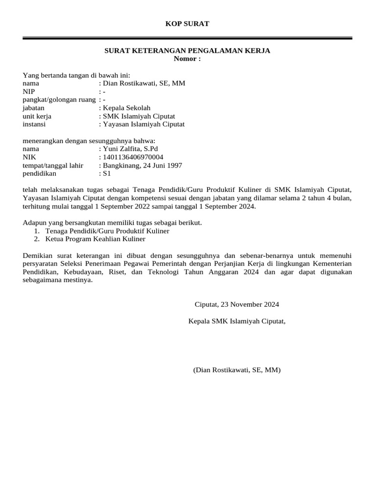 Yuni Zalfita - Format Surat Keterangan Pengalaman Kerja PPPK 2024 | PDF