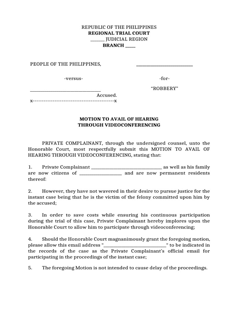 Motion for Videoconferencing Hearing | PDF