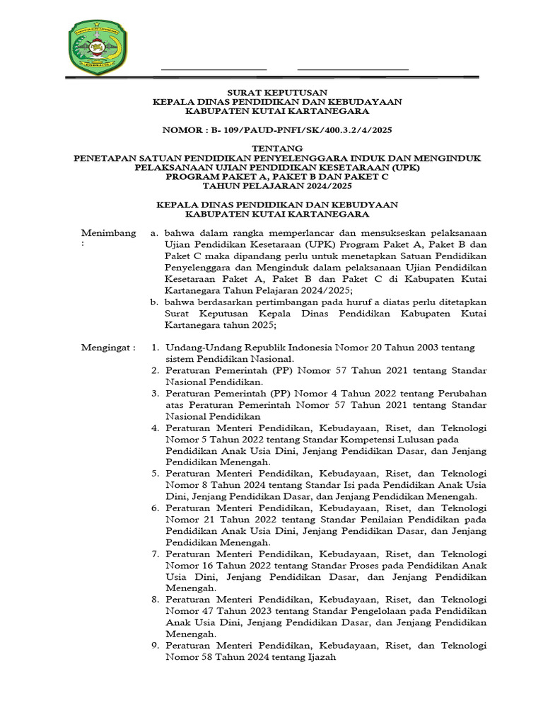 SK Penetapan Sekolah Penyelenggara (Upk) TH 2025.tte.2pdf | PDF