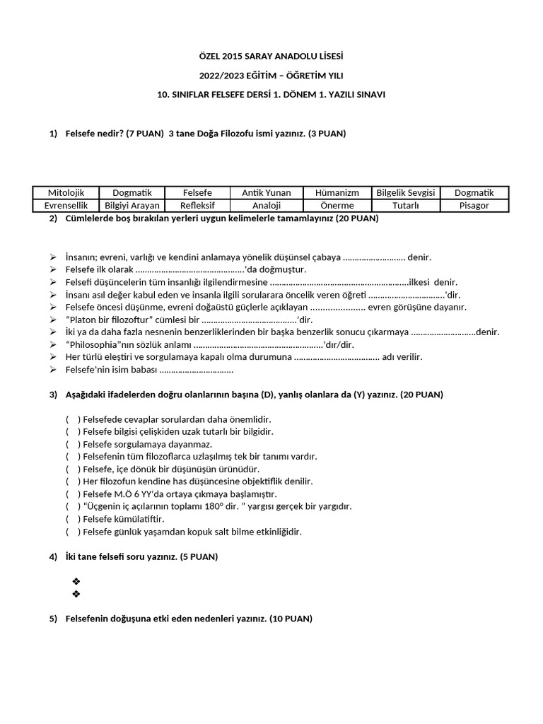 1 - Ön 10. Sinif Felsefe 1. Dönem 1. Sinav | PDF