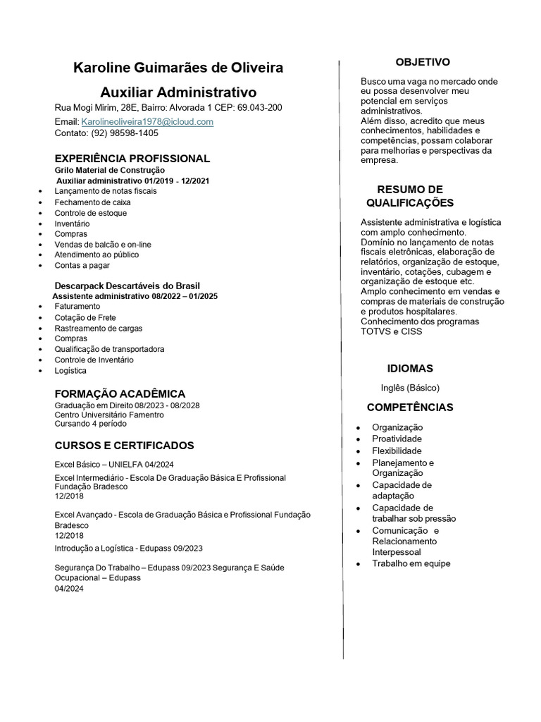 Currículo Karoline Guimaraes | PDF | Logística