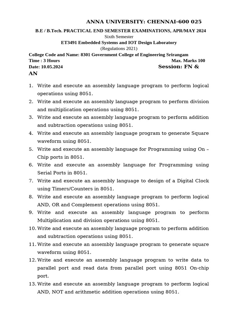 ET3491 Embedded Lab Ques DTD 9.5.24 | PDF | Microcontroller ...
