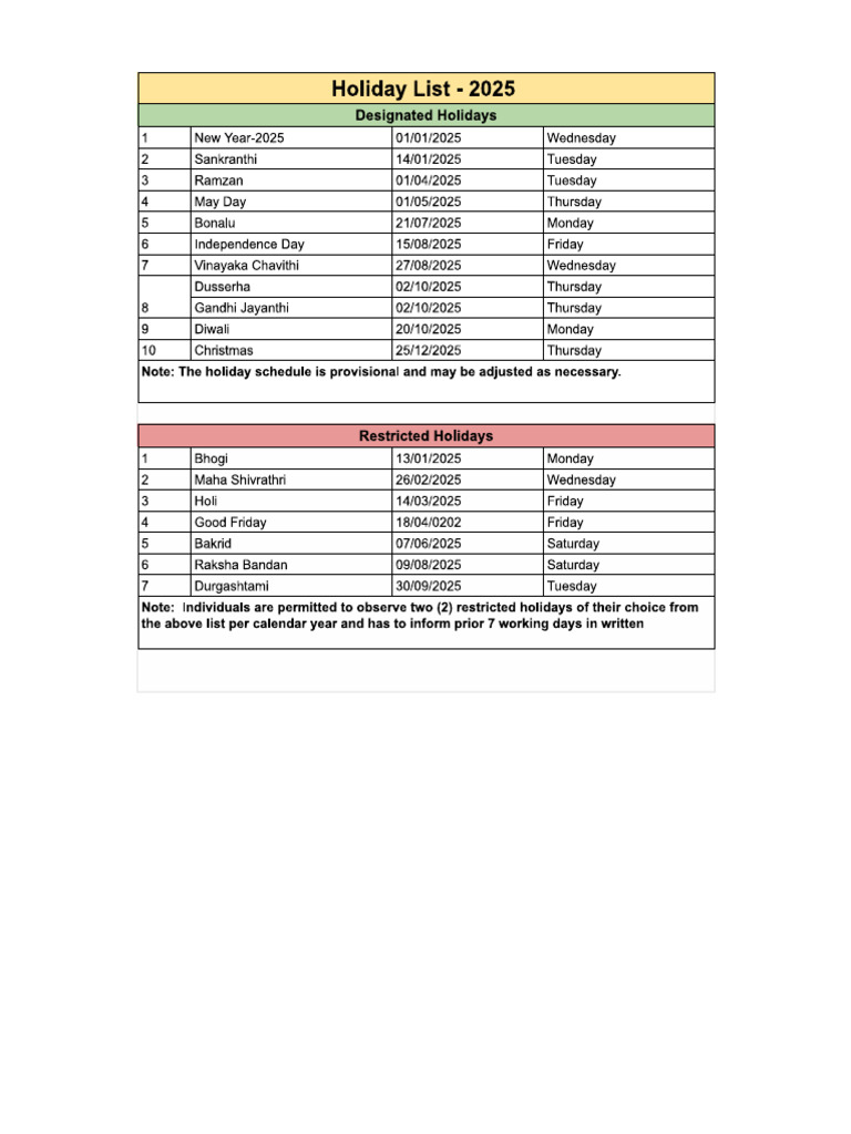 Holiday Calender - 2025 | PDF