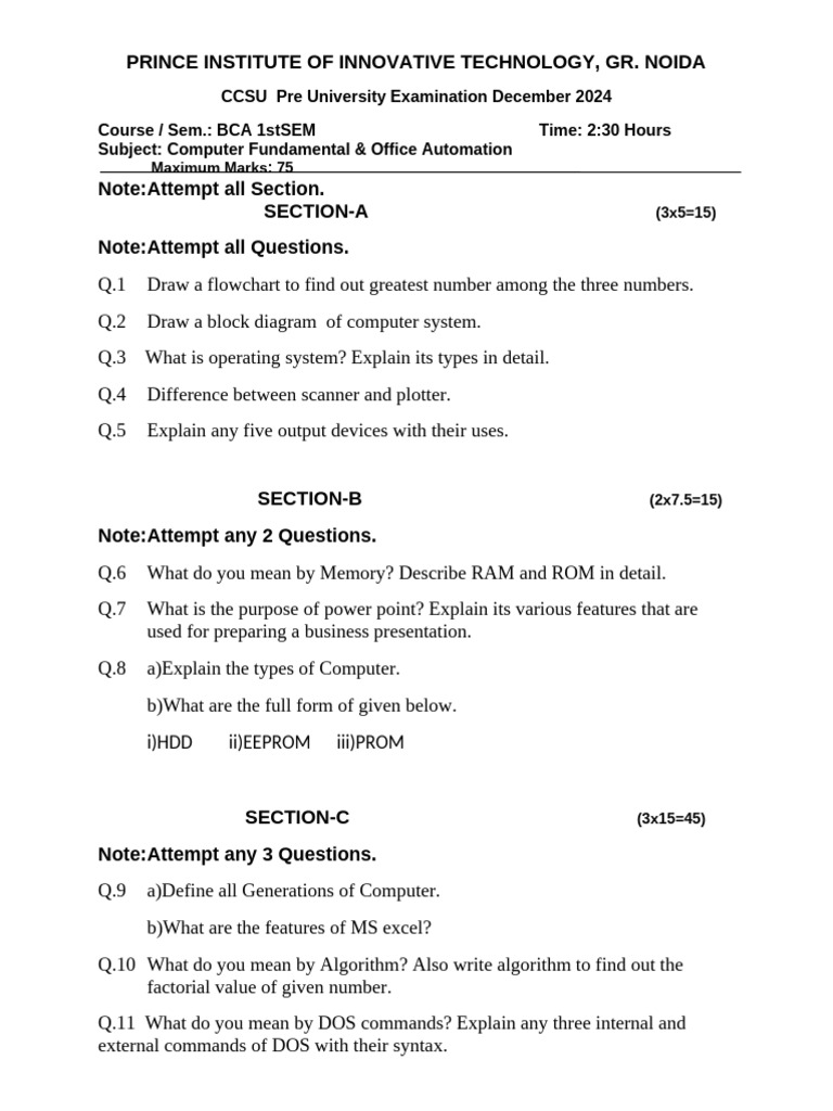 BCA 1st Sem Computer Fundamentals Exam | PDF