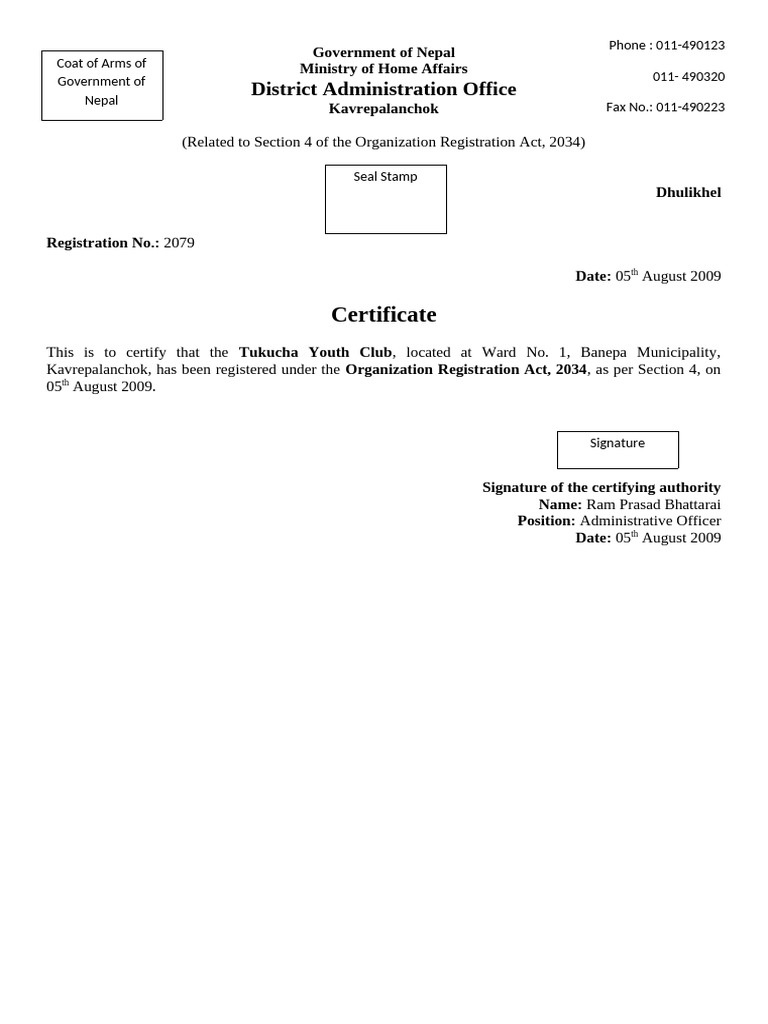 Certificate: District Administration Office | PDF