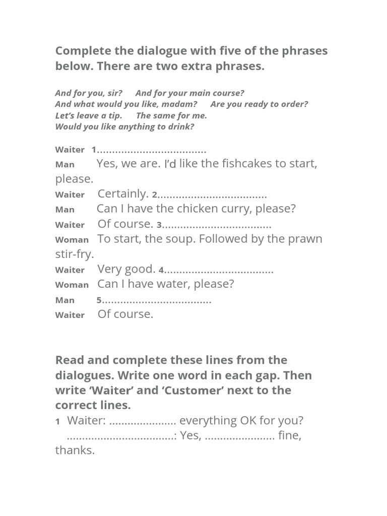 Dialogues at A Restaurant Exercises | PDF