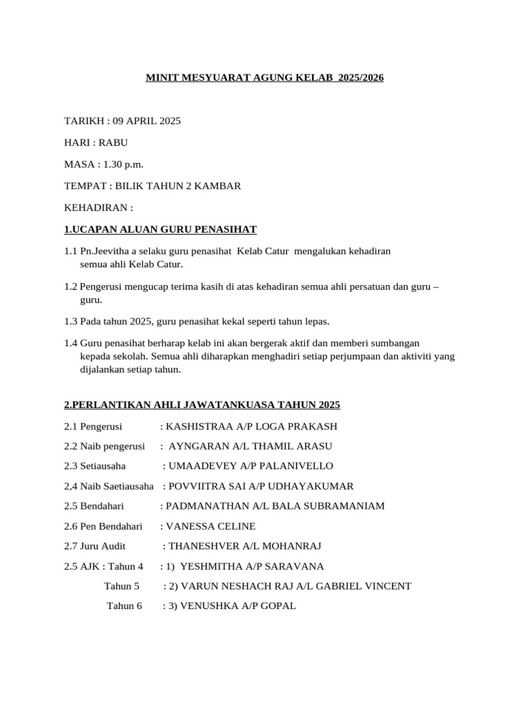 Minit - Mesyuarat Agong 1 Kelab Catur | PDF