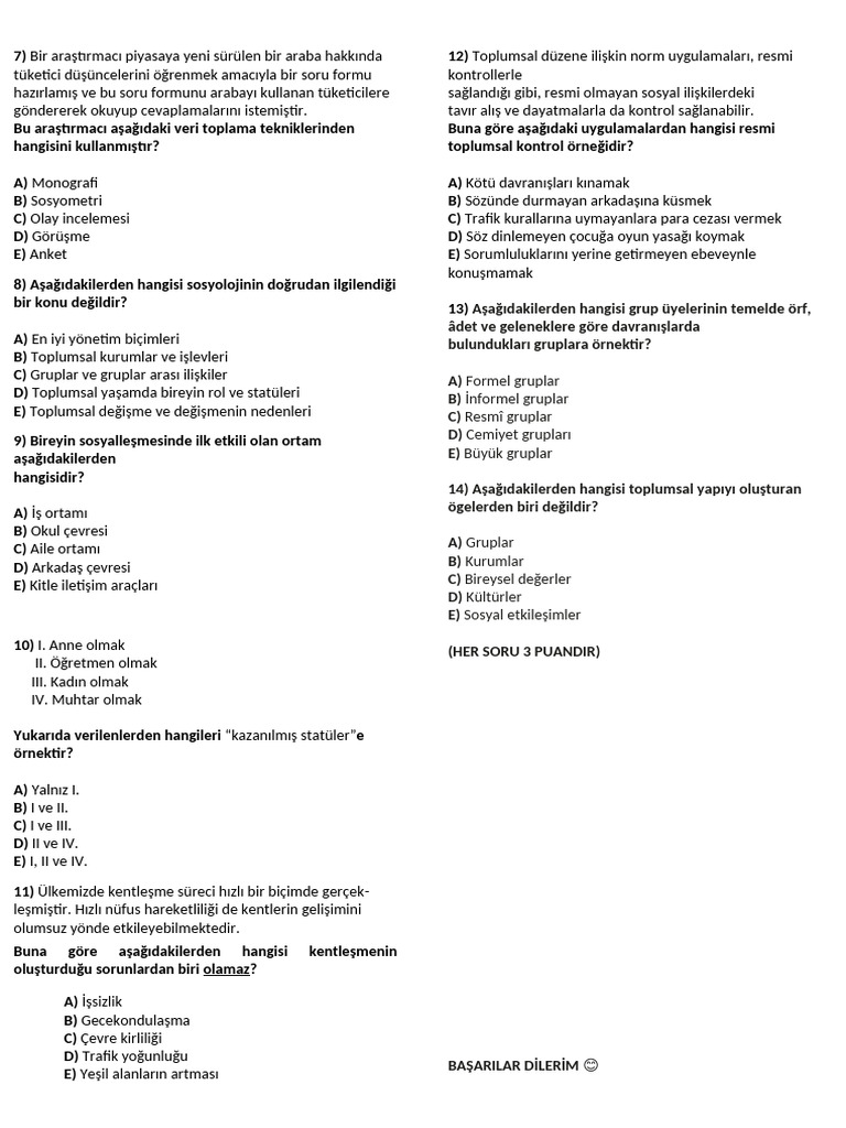 5 - Arka 11. Sinif Sosyoloji̇ 1. Dönem 1. Sinav | PDF