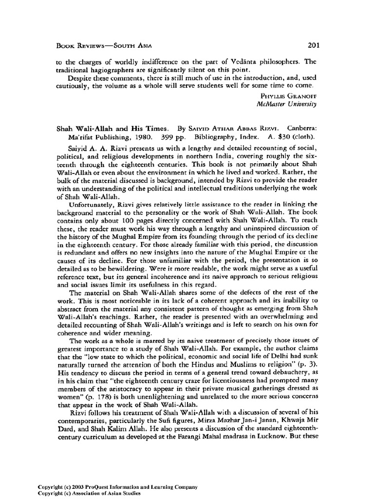 Sah Walliulaah and His Time Review | PDF