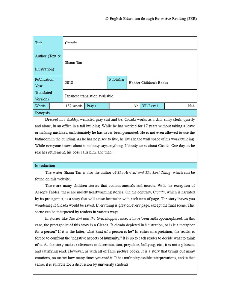 Cicada by Shaun Tan: A Heartbreaking Tale | PDF