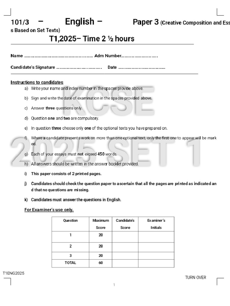 Kcse 2025 English Paper 3 Revision Series (Set 1-15) | PDF
