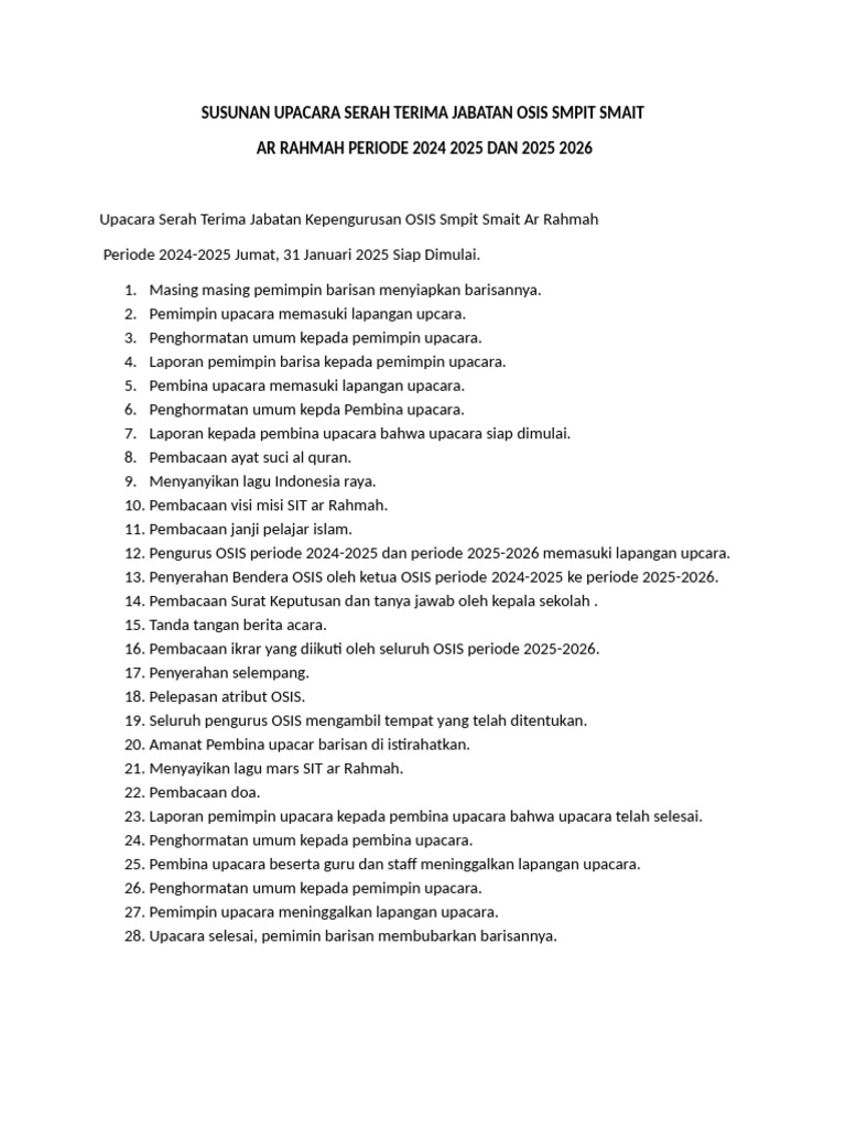 Susunan Upacara Serah Terima Jabatan Osis Smpit Smait | PDF