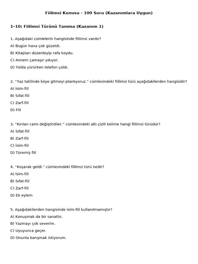 Fiilimsi Kazanım 100 Soru | PDF
