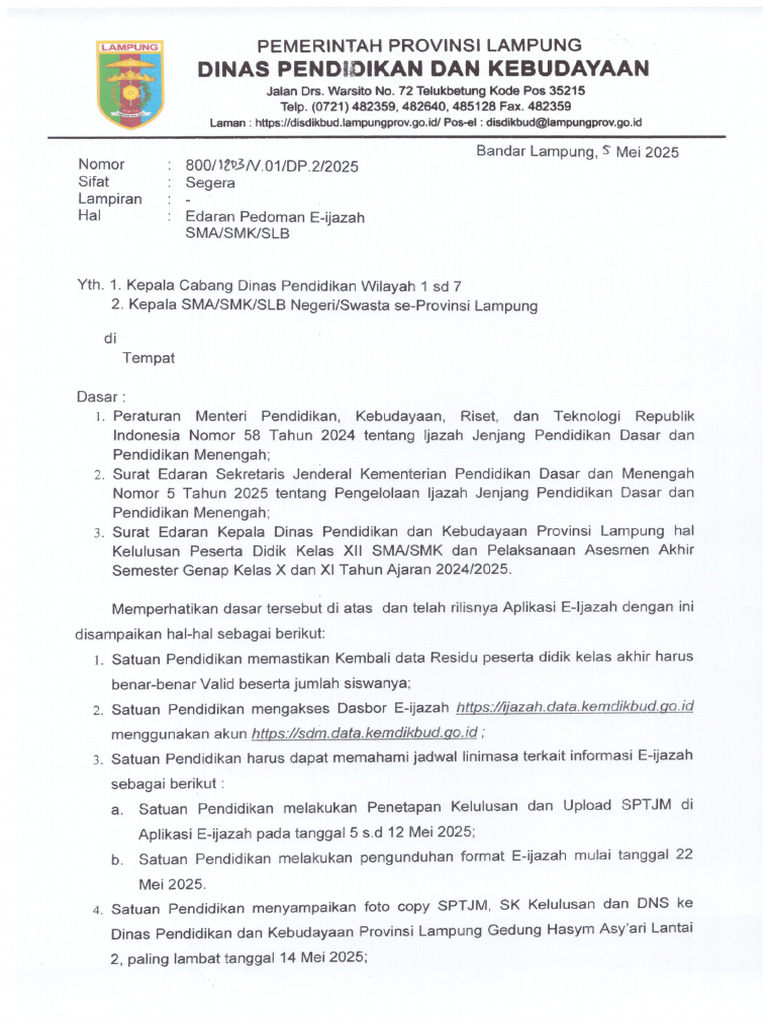 Surat Edaran Pedoman E-Ijazah Sma-Smk-Slb | PDF