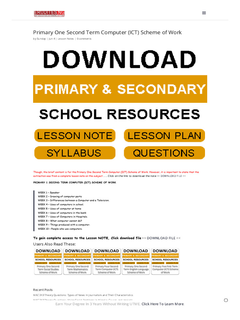 Primary One Second Term Computer (ICT) Scheme of Work - Erudites ...