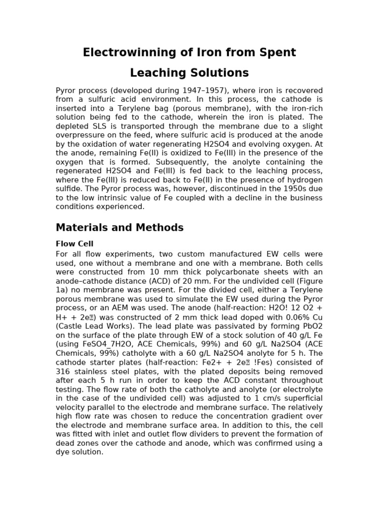 Electrowinning of Iron From Spent Leaching Solutions: Materials and ...