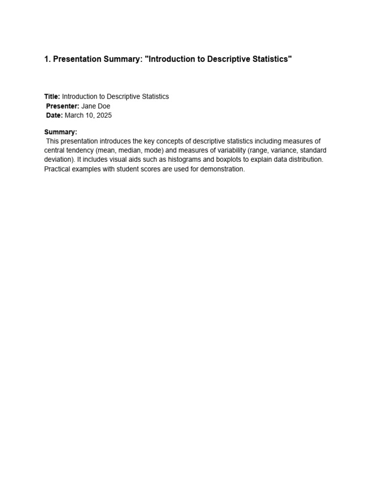 Presentation Summary - Introduction To Descriptive Statistics | PDF