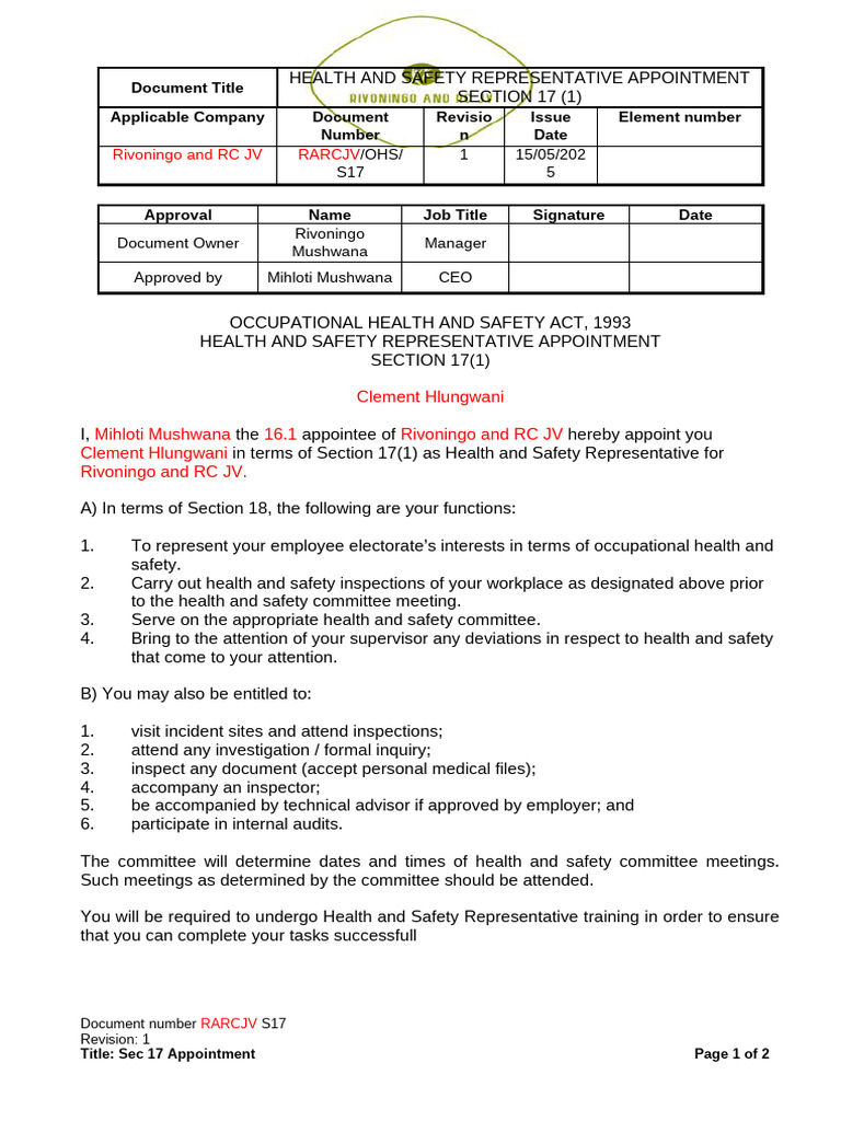 Sec 17 - H & S Appointment | PDF | Occupational Safety And Health | Business