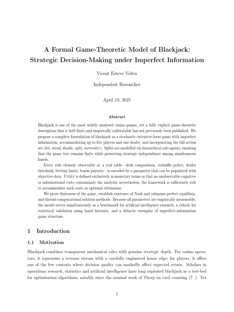 A Formal Game-Theoretic Model of Blackjack | PDF | Game Theory | Mathematics