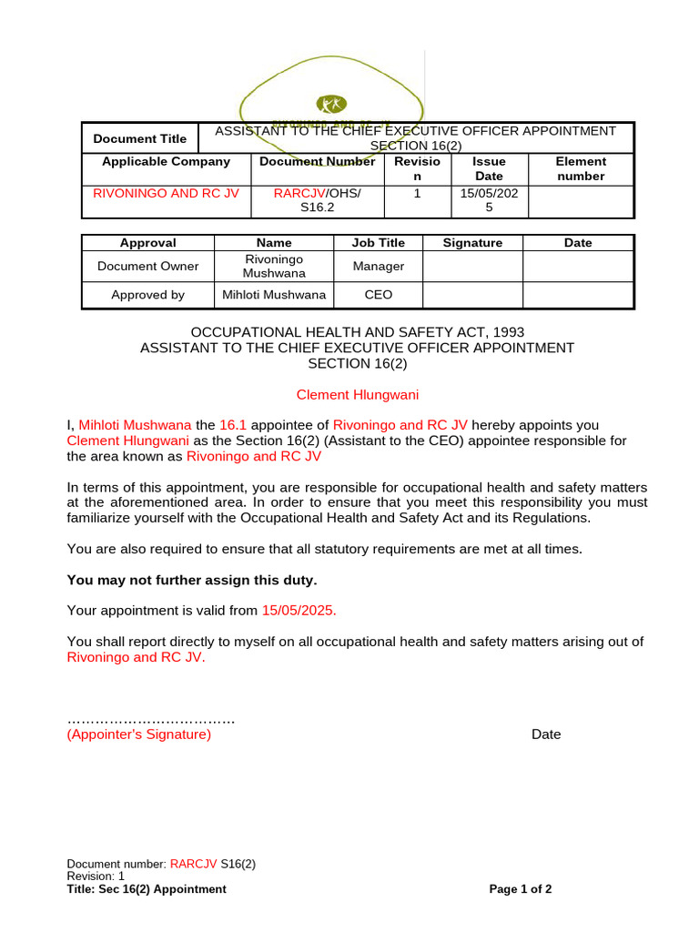 Section 16(2) Appointment Letter | PDF