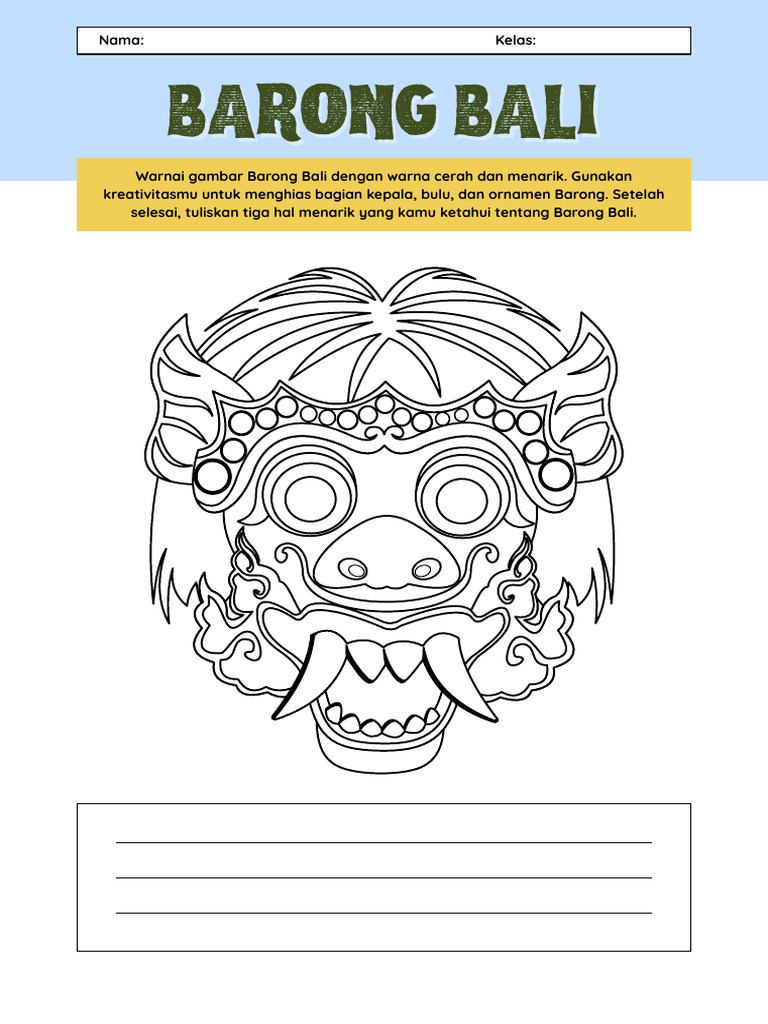 Mewarnai Barong Bali Lembar Kerja Biru Muda Dan Kuning Gaya Ilustratif ...