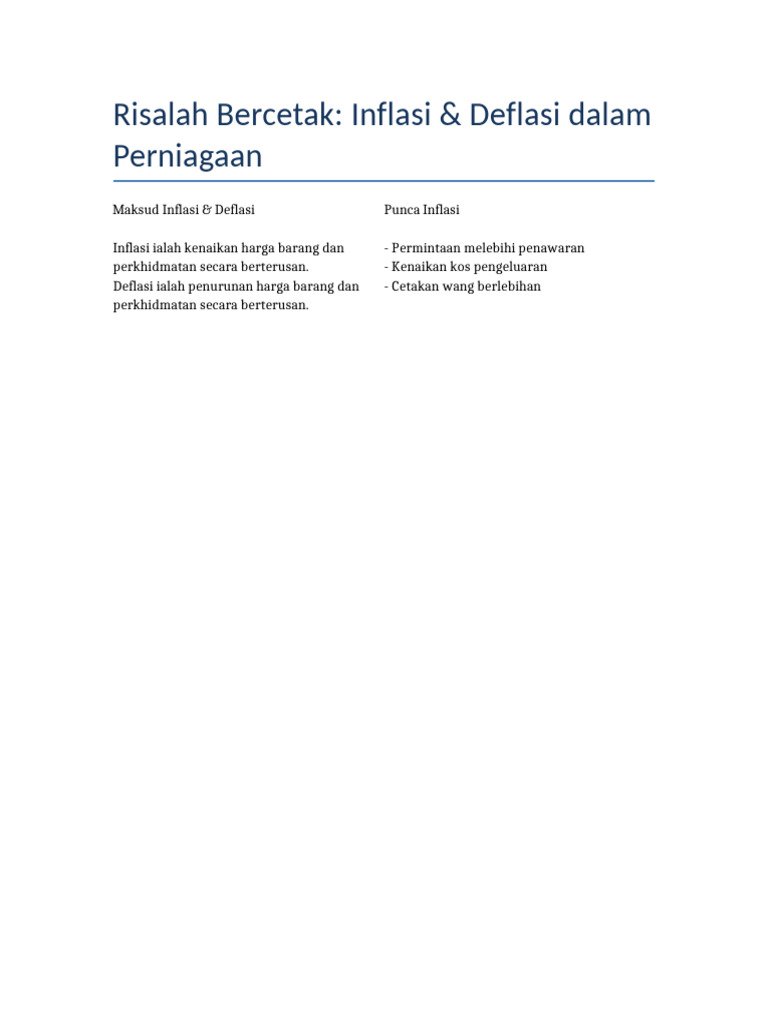 Risalah Bercetak Inflasi Deflasi A5 | PDF