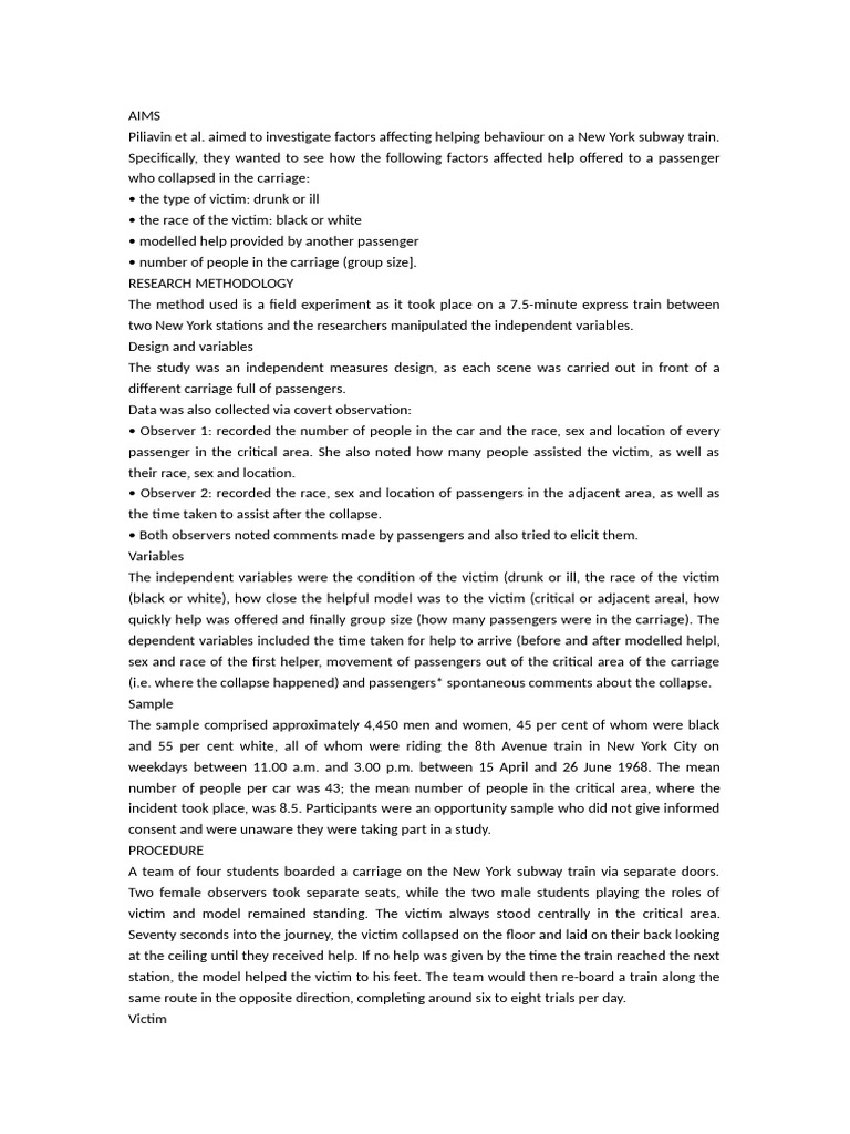 Piliavin Subway Samaritans | PDF | Validity (Statistics ...