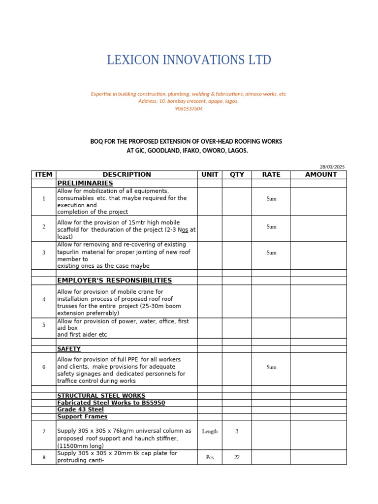 BOQ for Overhead Roofing Works in Lagos | PDF | Truss | Building Materials