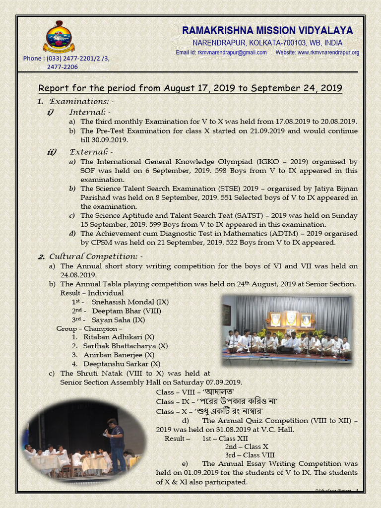 Ramakrishna Mission Vidyalaya: Report For The Period From August 17 ...
