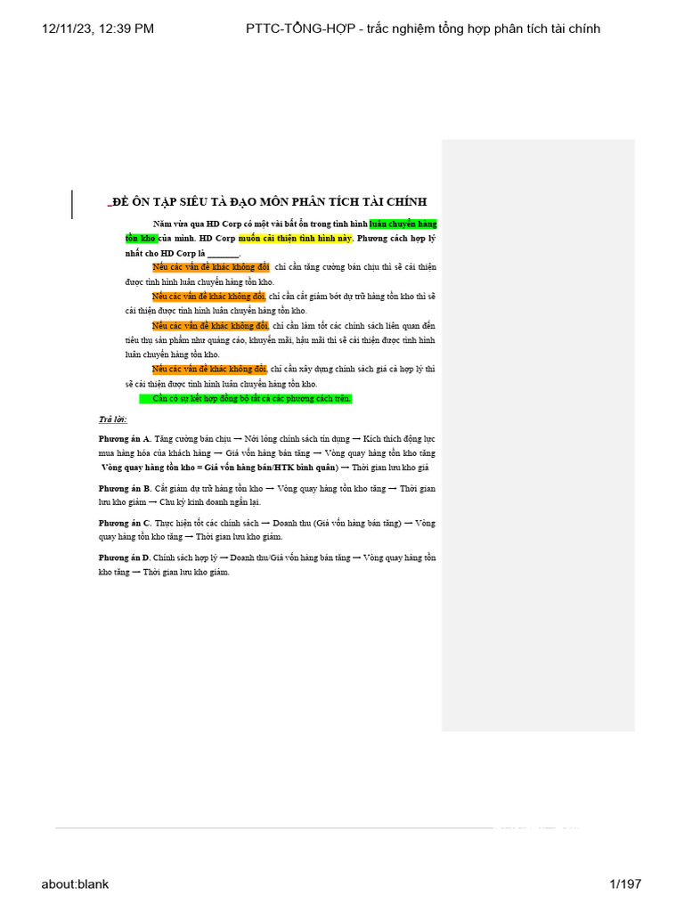 PTTC - Trac Nghiem Tong Hop PTTC | PDF