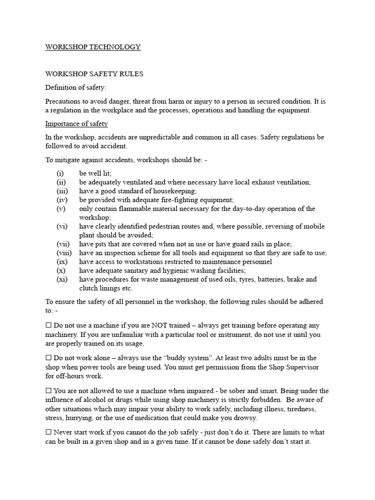 Workshop Technology Notes 1 | PDF | Personal Protective Equipment | Safety