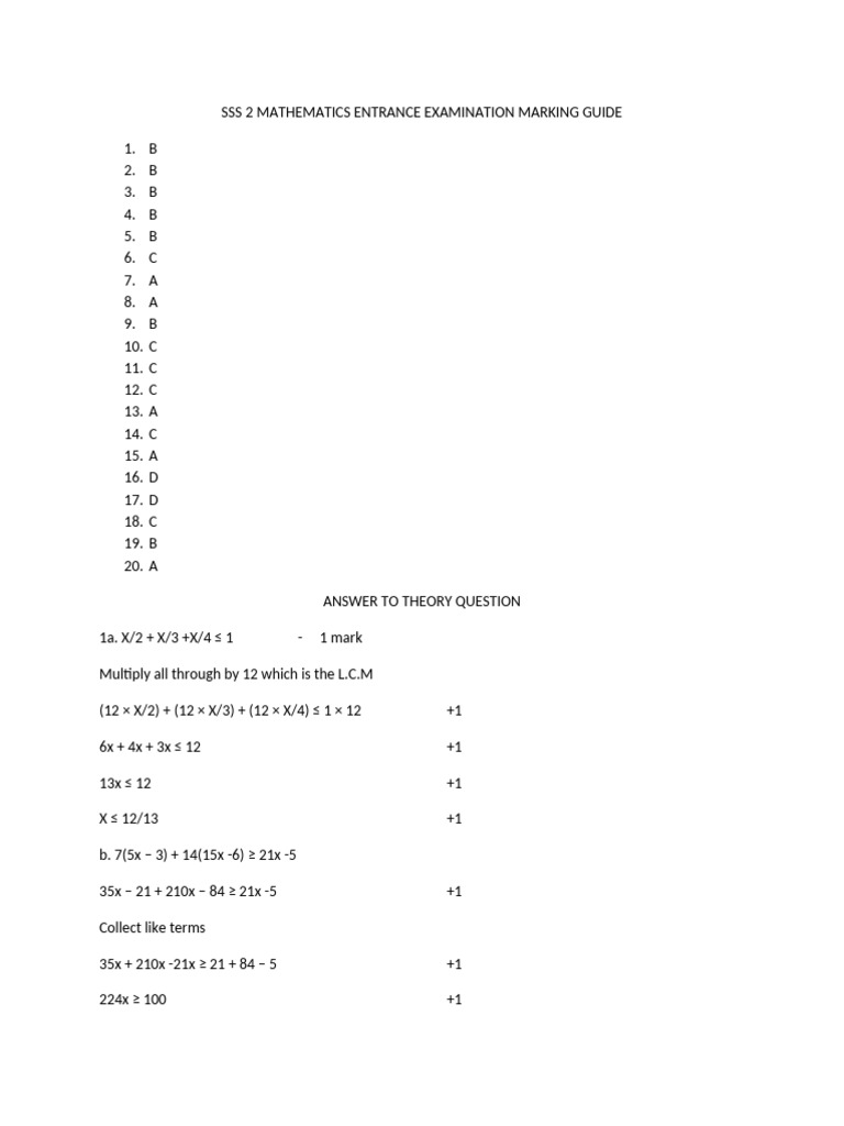 SSS 2 Mathematics Entrance Examination Marking Guide | PDF