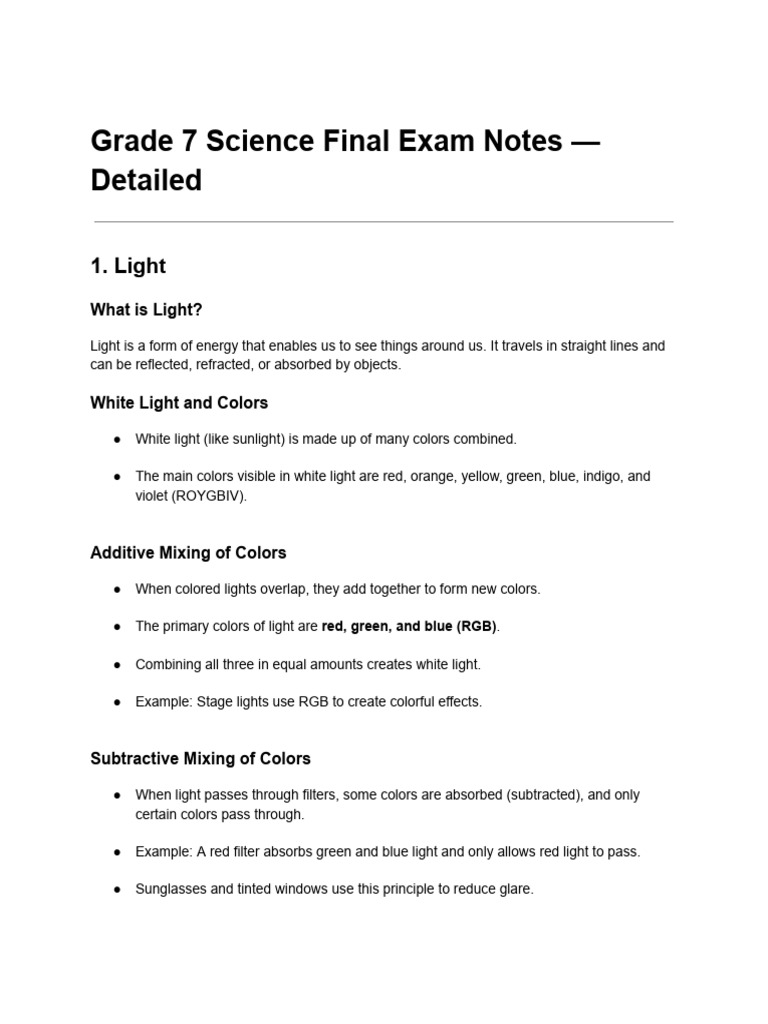 Grade 7 Science Exam Notes Summary | PDF | Immune System | Reflection ...