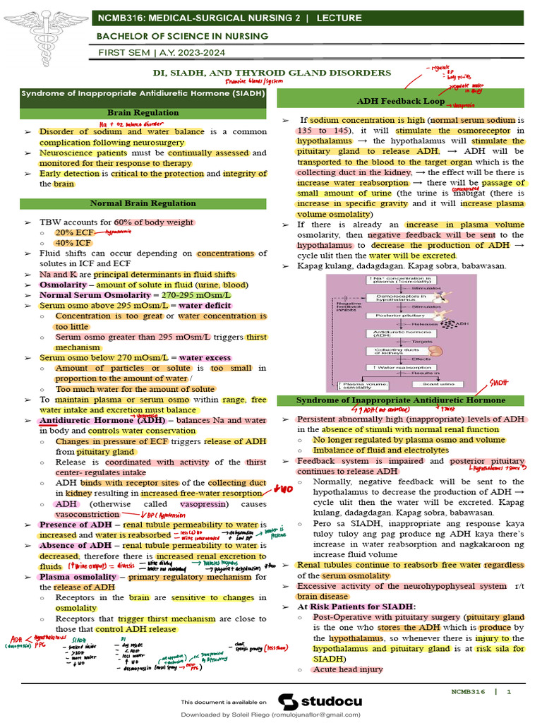 Siadh & Di | PDF | Diseases And Disorders | Endocrine System