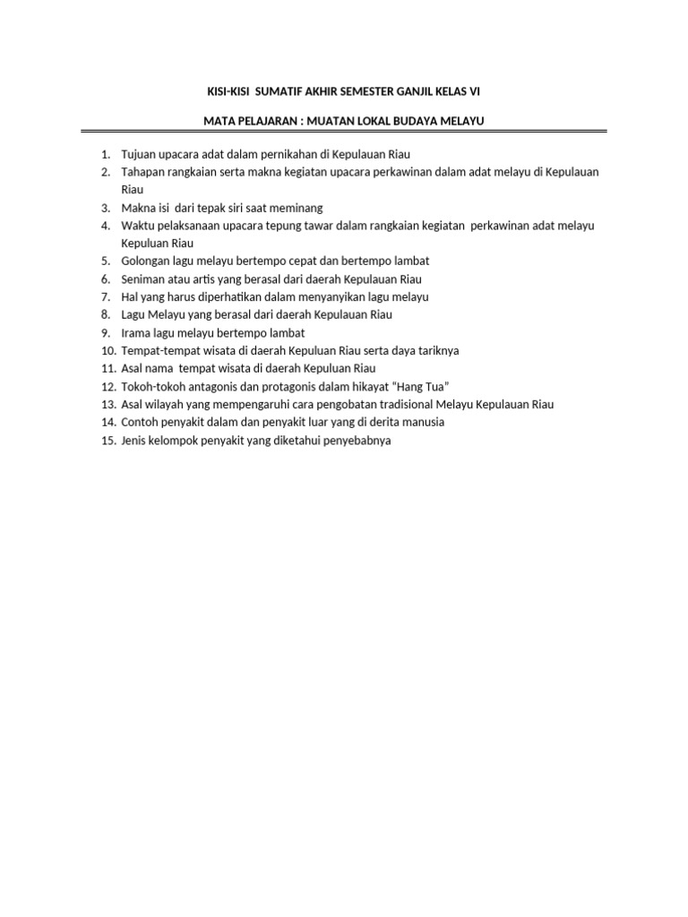 Kisi-Kisi Sumatif Akhir Budaya Melayu | PDF