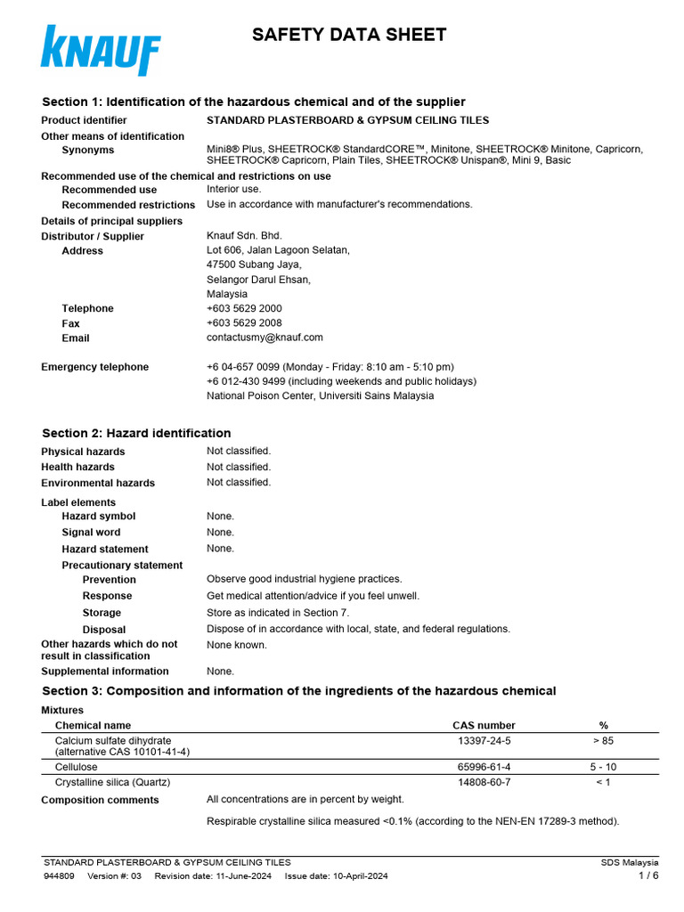 Safety Data Sheet for Gypsum Ceiling Tiles | PDF | Drywall | Workplace