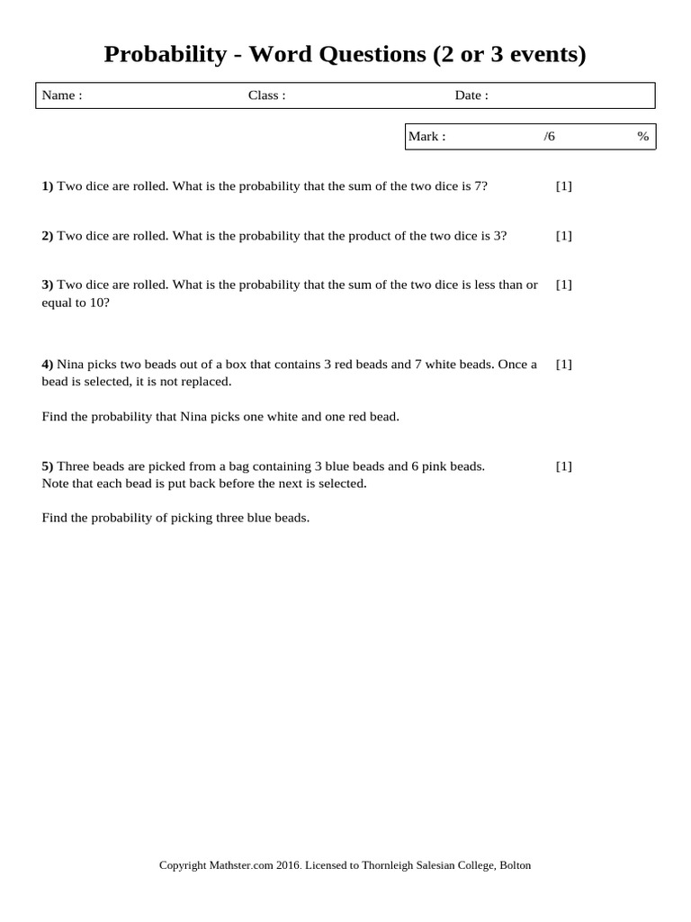 Probability - Word Questions (2 or 3 Events) - 1 | PDF