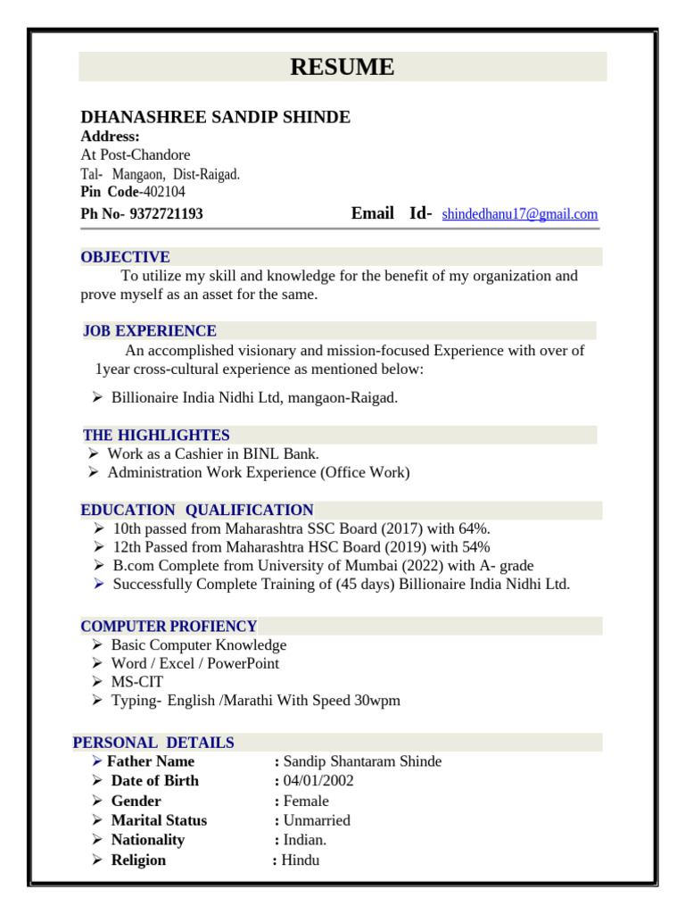 Dhanashree Shinde Resume Summary | PDF