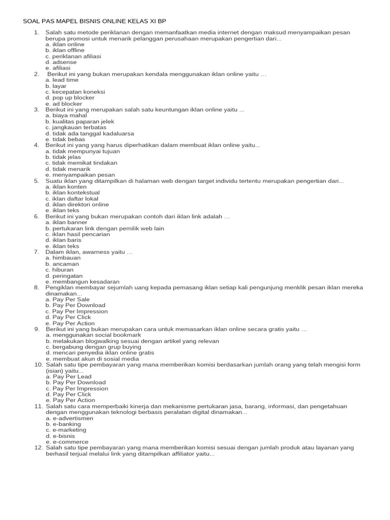 3 Sopian Soal PAS Ganjil Bisnis Online Kelas XI BDP | PDF