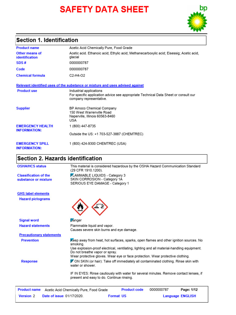 Food Grade Acetic Acid Safety Data Sheet | PDF | Personal Protective ...