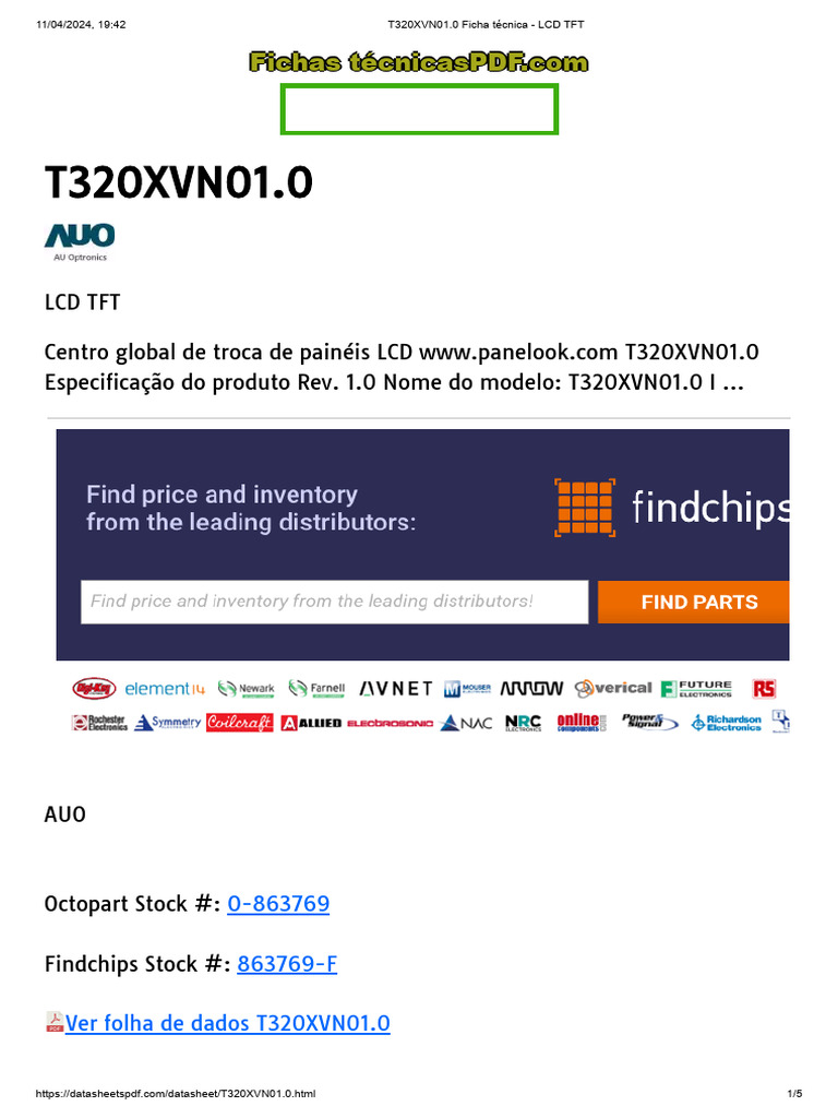 T320XVN01.0 Ficha Técnica - LCD TFT | PDF | Visor de cristal líquido | Pixel
