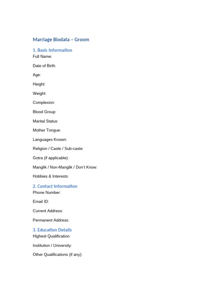 Marriage Biodata Template Groom | PDF