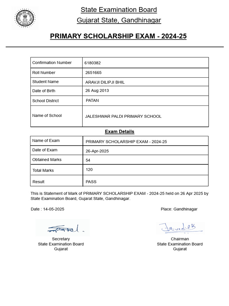 Primary Scholarship Exam - 2024-25: State Examination Board Gujarat State, Gandhinagar | PDF