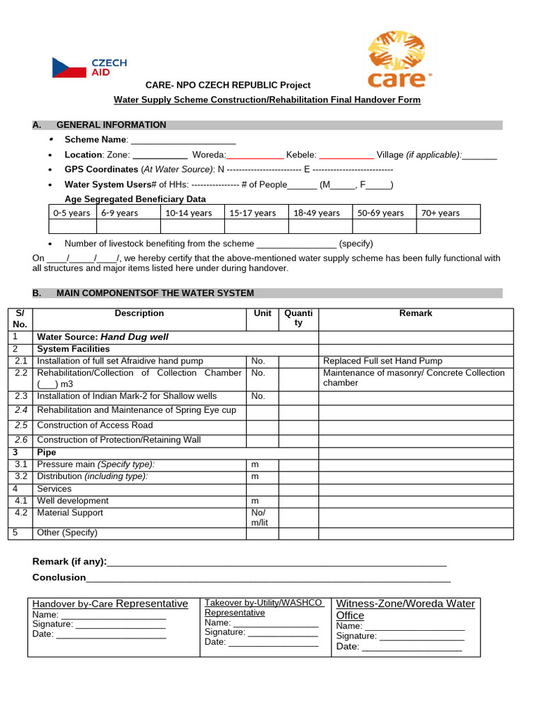 Scheme Final Handover Form Spring - Check | PDF | Water Supply | Civil ...