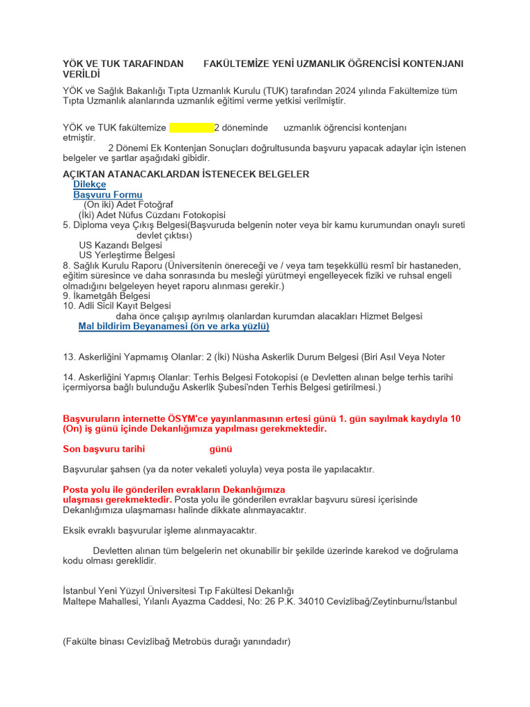 Tus 2024-2.dönem Ek Yerleşti̇rme İstenen Evraklar | PDF