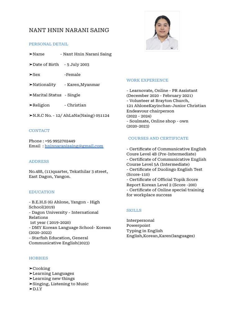 Profile of Nant Hnin Narani Saing | PDF