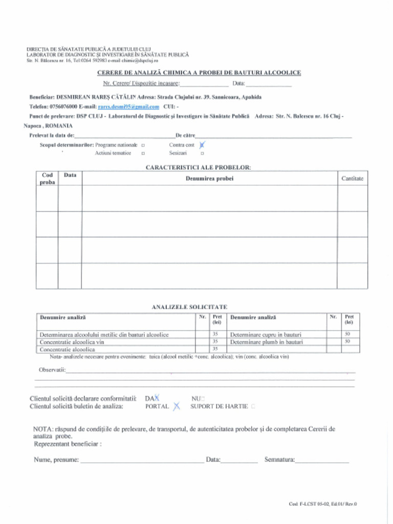 F-LCST 05-02 CERERE DE ANALIZA BAUTURI - DESMIREAN RARES | PDF
